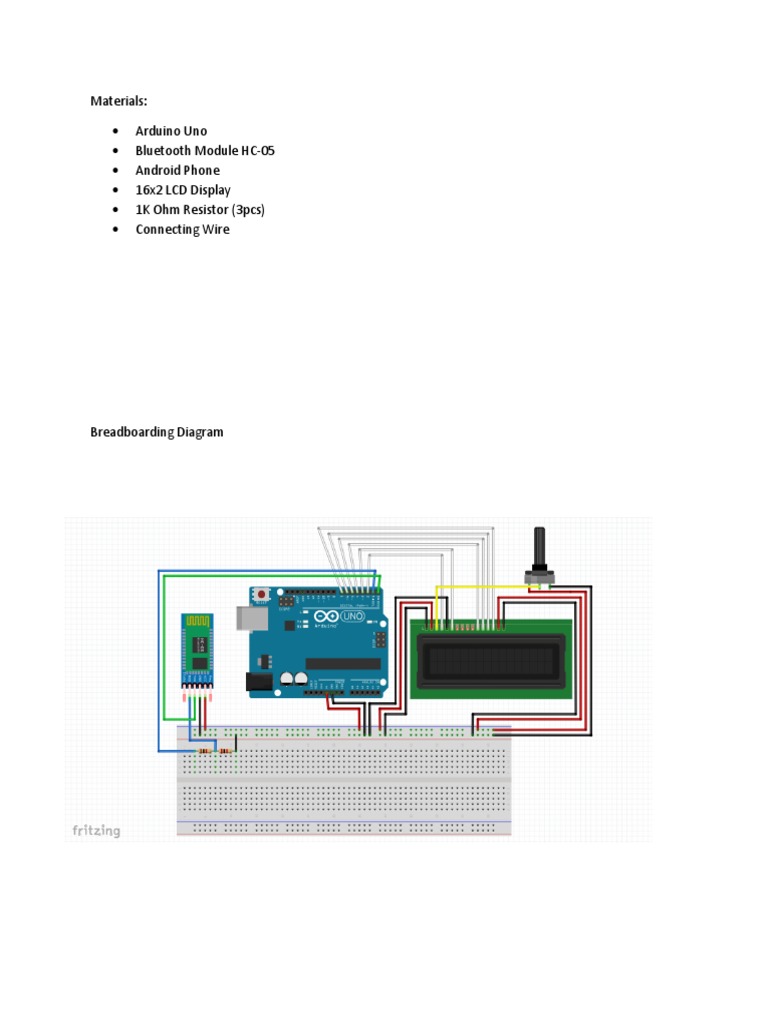 Materials: Arduino Uno Bluetooth Module HC-05 Android Phone 16x2 LCD ...