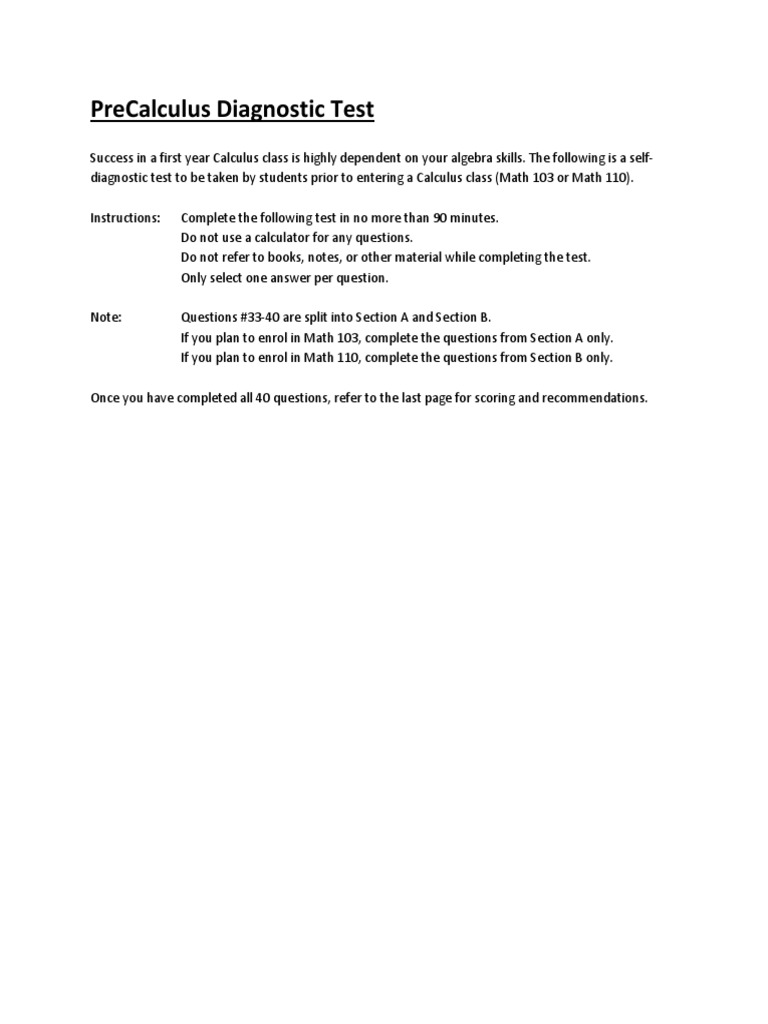 Precalculus Diagnostic Test | PDF | Line (Geometry) | Geometry