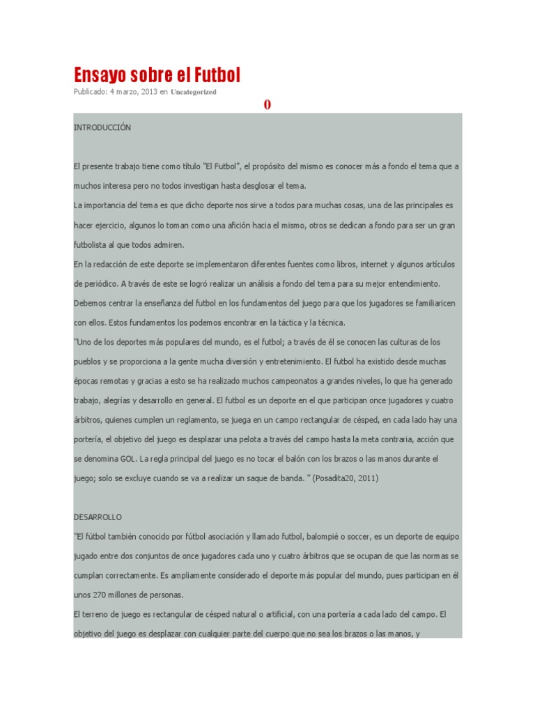 Ensayo Sobre El Futbol | PDF | Códigos de fútbol | Asociación de Futbol