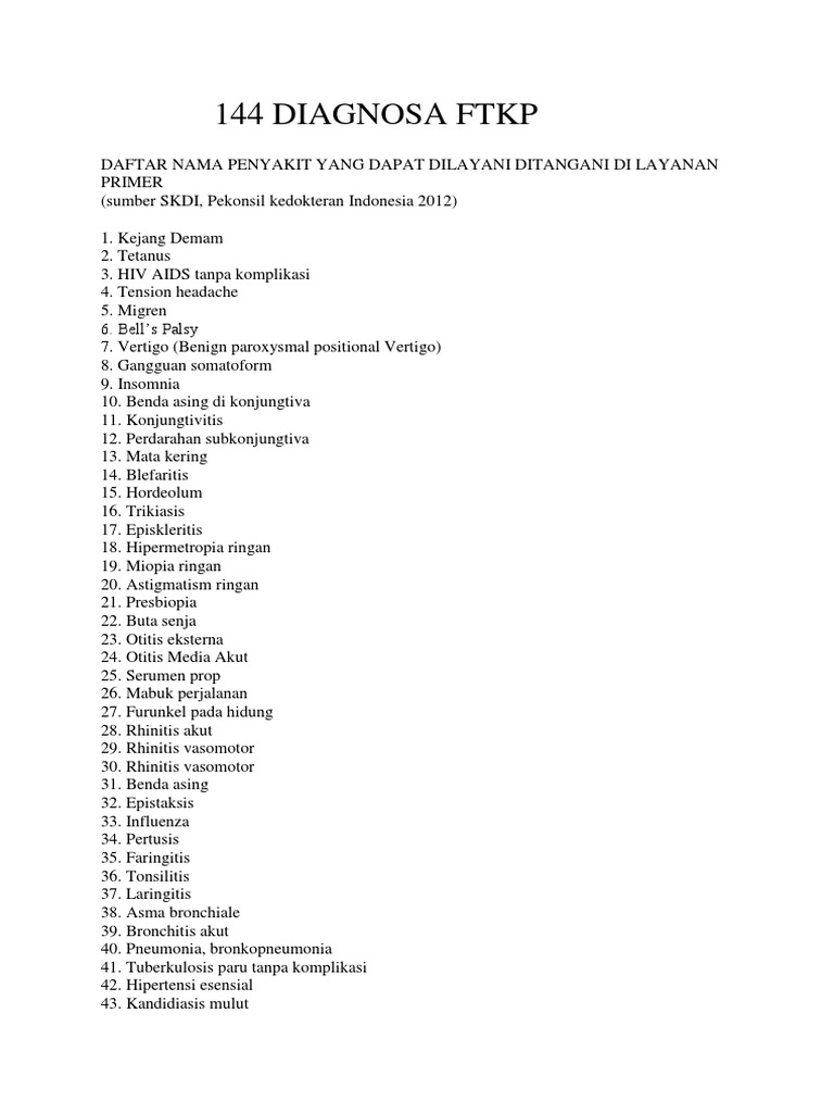 Daftar 144 Diagnosa Penyakit FTKP | PDF