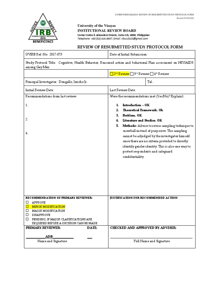 Review of Resubmitted Study Protocol Form | PDF