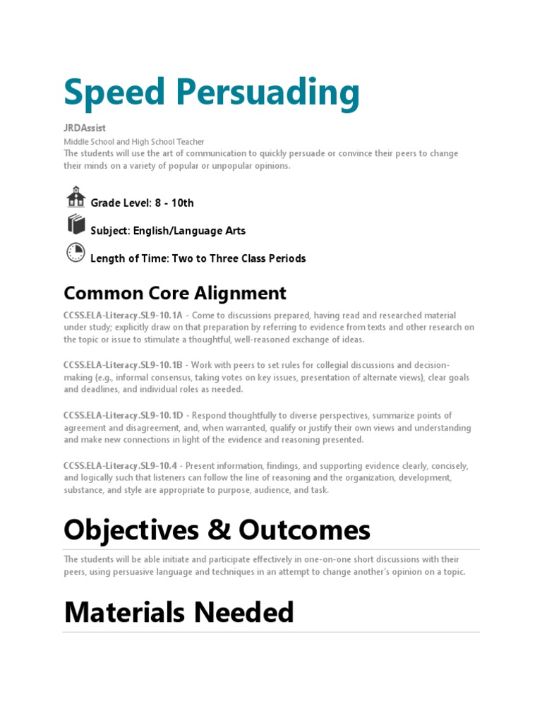 Speed Persuading for Teens: Lesson Plan | PDF | Persuasion | Teachers