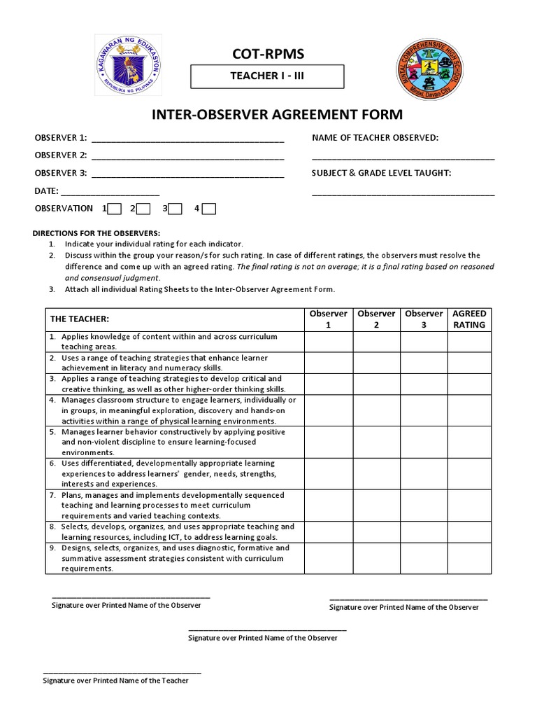 Inter Observer Agreement Form Teacher I III FINAL | PDF | Teachers ...
