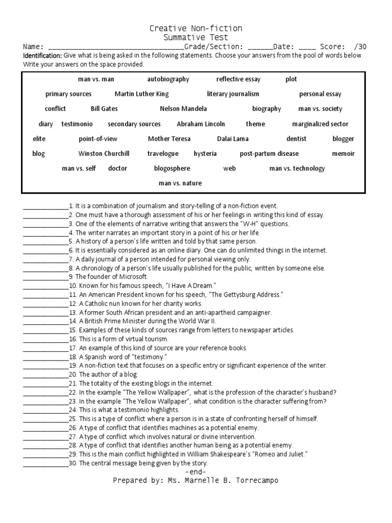 Testimonio in Creative Non-fiction Test | PDF | Creative Nonfiction ...