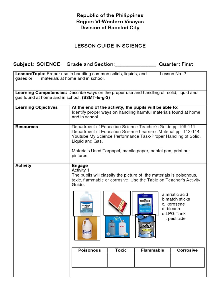 Lesson Guide Proper Handling of Materials | Chemical Substances | Chemistry
