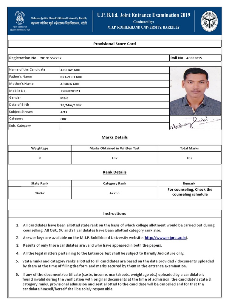 Provisional Score Card Details | PDF