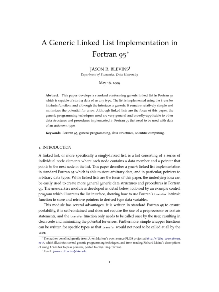A Generic Linked List Implementation in Fortran 95: Jason R. Blevins | PDF | Pointer (Computer ...