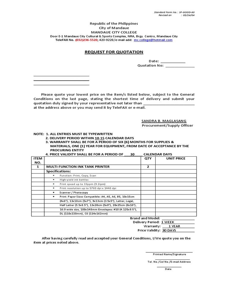 Sample RFQ For Printer | PDF | Printer (Computing) | Fax