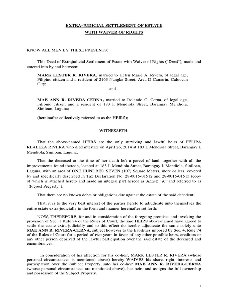 Extra-Judicial Settlement of Real Estate With Waiver and Renunciation ...