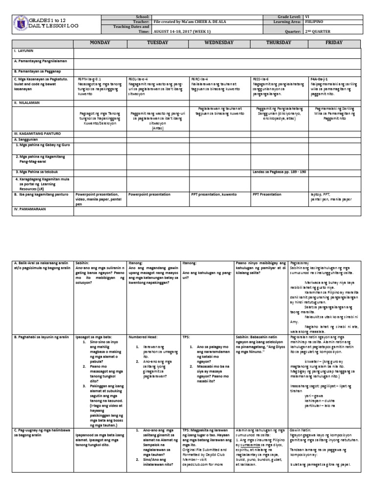Grade 6 DLL Filipino Q2 Week 1 | PDF