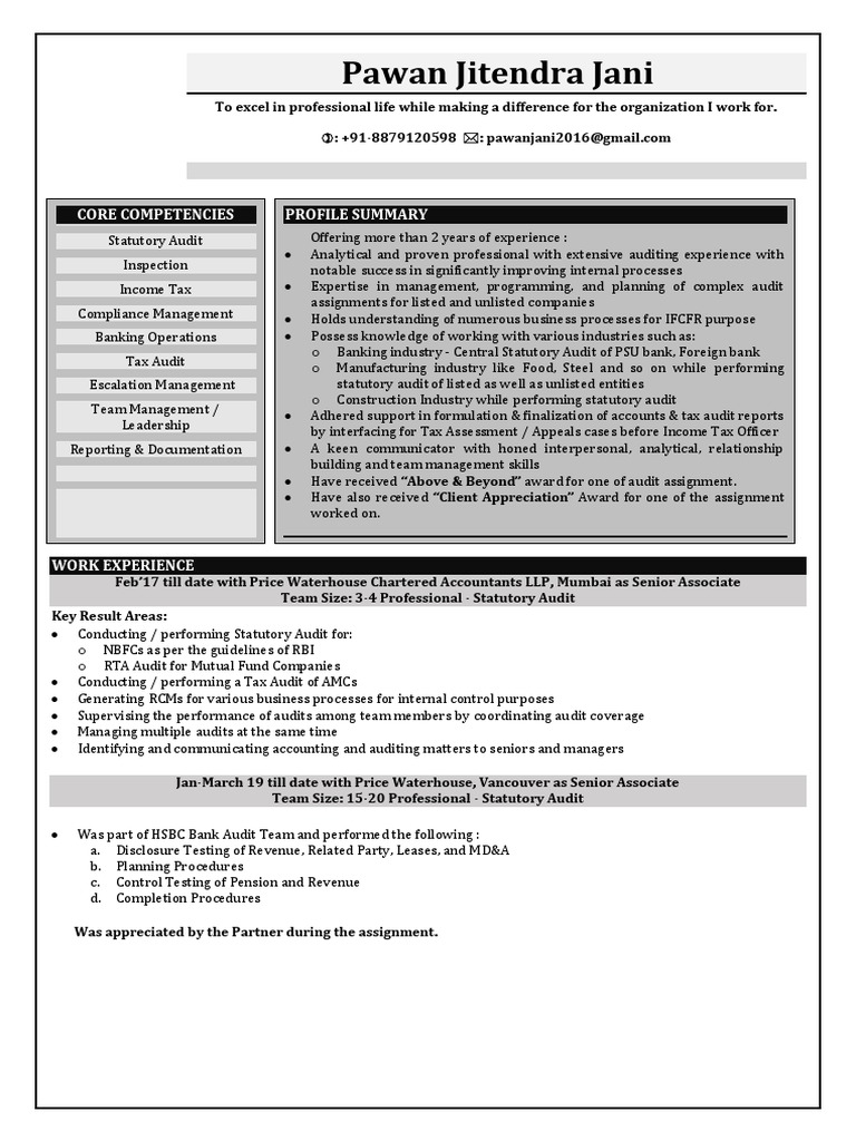 CV Pawan Jani | PDF | Pricewaterhouse Coopers | Banks