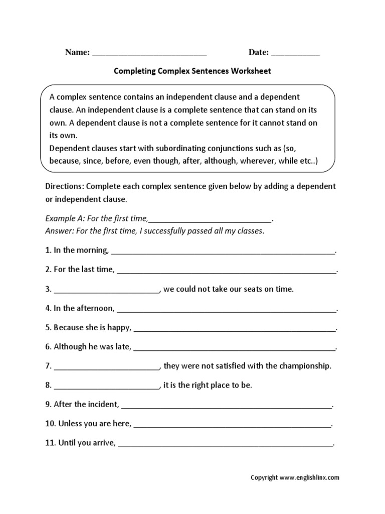 Completing Complex Sentences Worksheet PDF | PDF