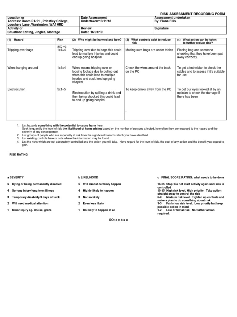 Risk Assessment Recording Form | PDF | Hazards | Risk