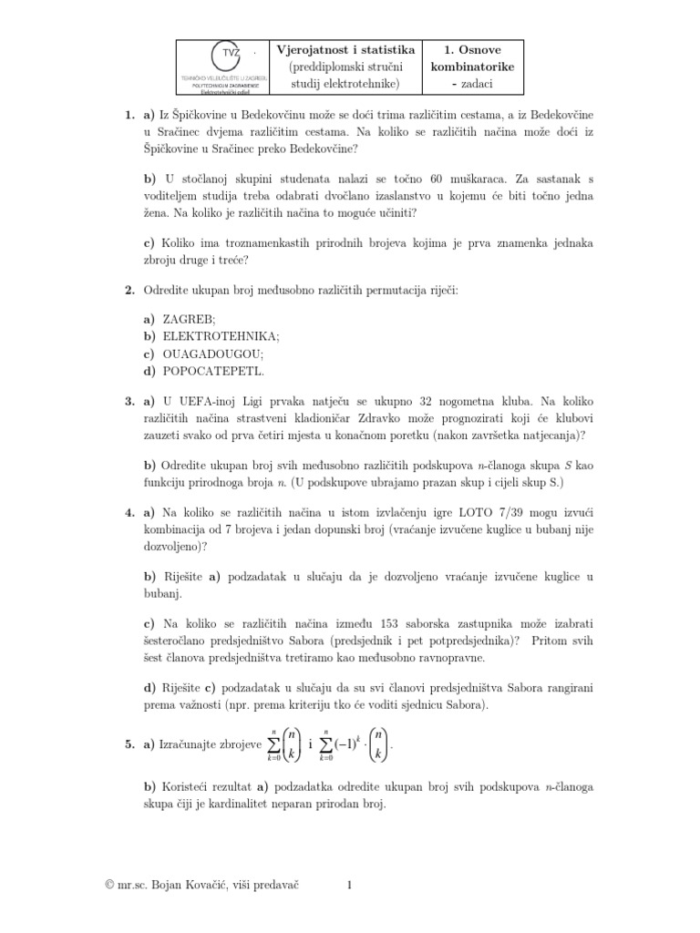 Osnove Kombinatorike - Zadaci | PDF