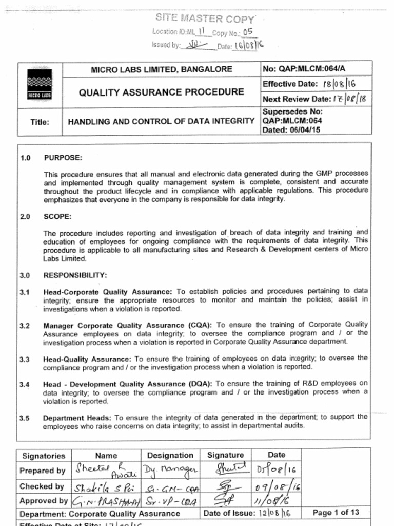 SOP On Data Integrity | PDF