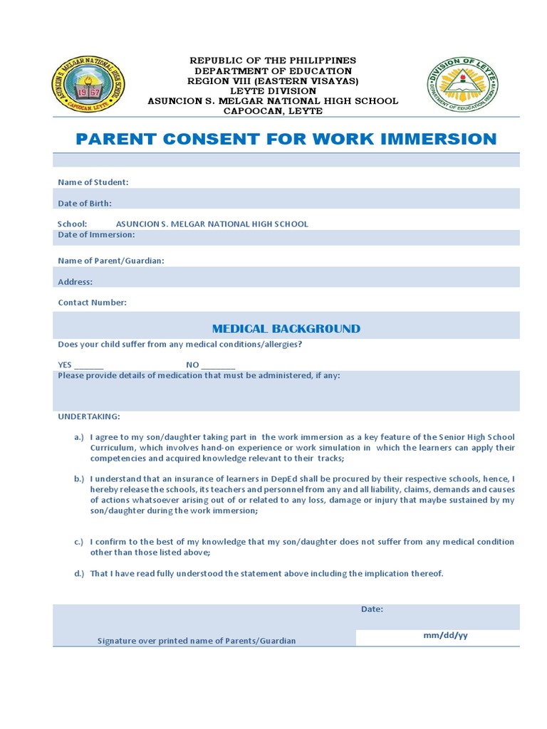 Parent Consent for Work Immersion | PDF
