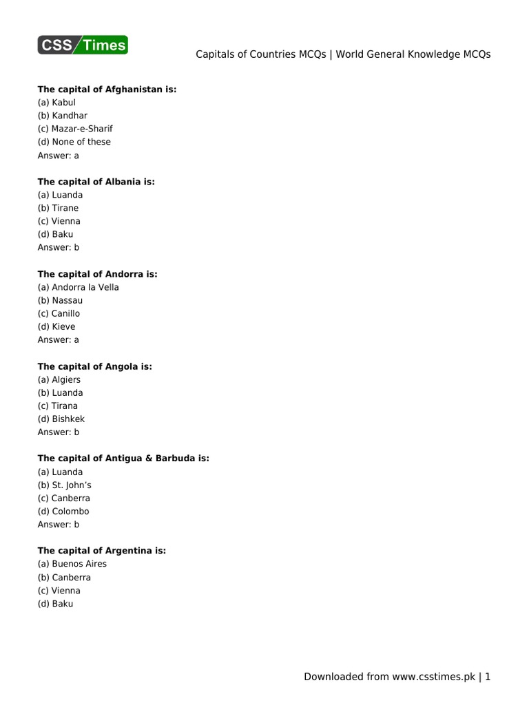 Countries and Capitals MCQs Quiz | PDF | Urban Geography ...
