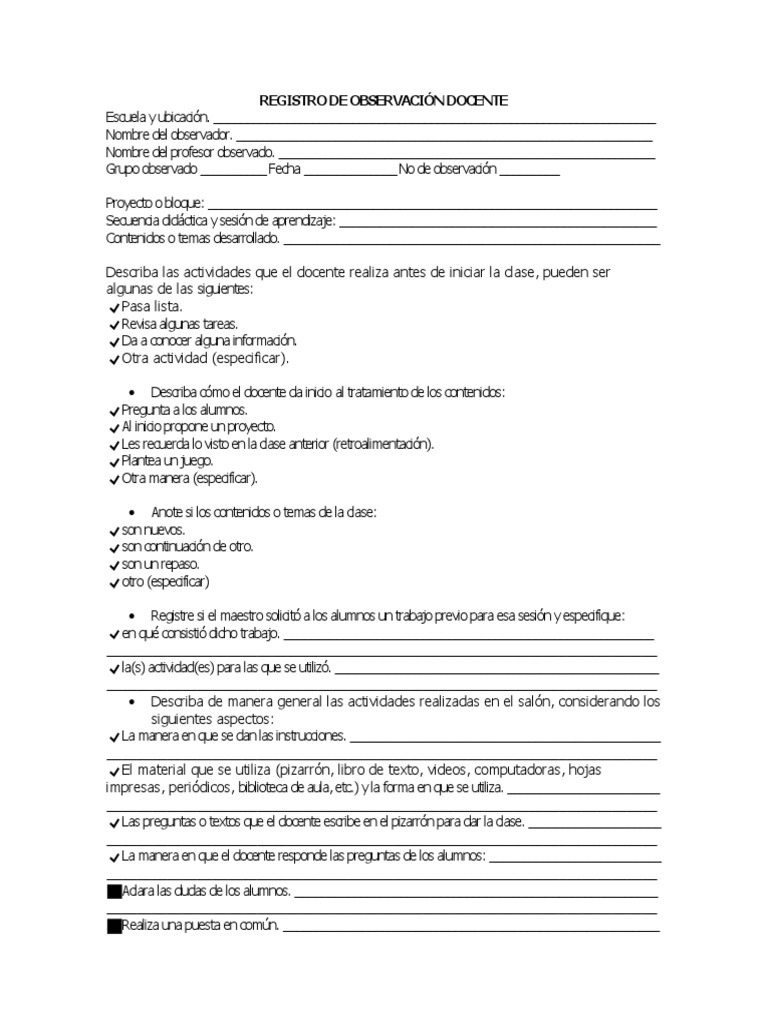 Registro de Observación de Clase | PDF | Salón de clases | Maestros