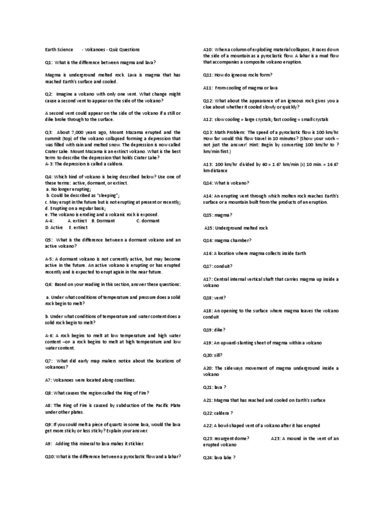 Earth Science - Volcanoes - Quiz Questions | PDF | Volcano | Lava