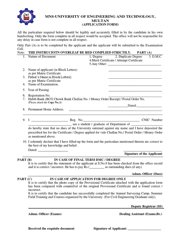 Mns-University of Engineering and Technology, Multan: Form No. No ...