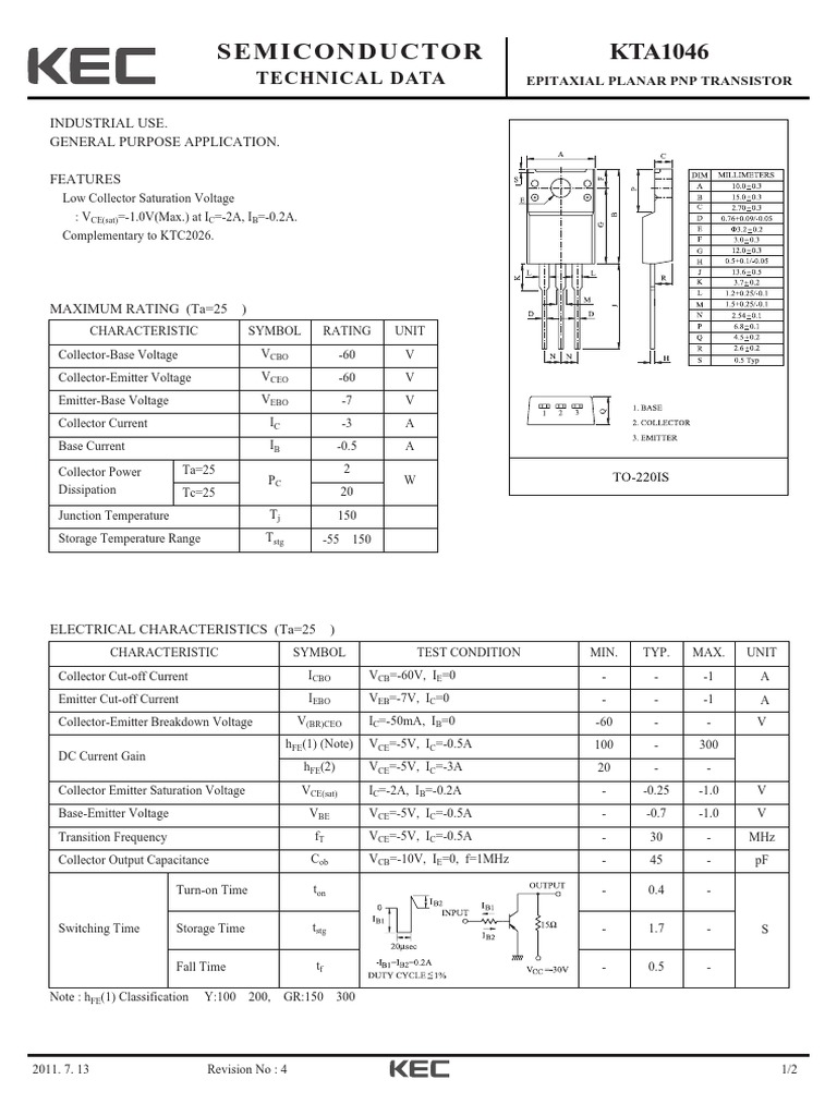 Semiconductor KTA1046: Technical Data | Download Free PDF | Bipolar ...