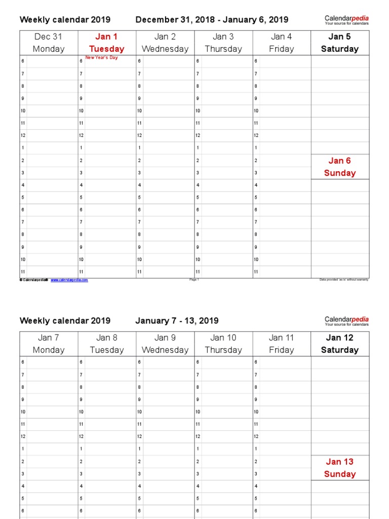 Weekly Calendar 2019 Landscape 61 Columns | PDF | Sports | Leisure