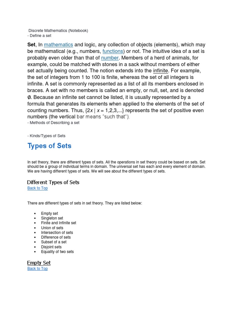 Types of Sets: Mathematics Functions Number | PDF | Set (Mathematics ...