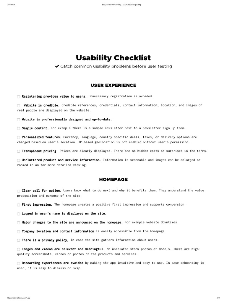 StayInTech - Usability - UX Checklist (2018) | PDF | Usability | Websites