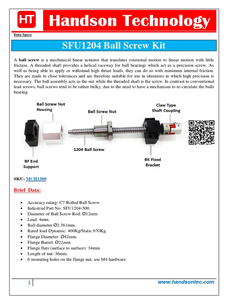 SFU1204 Ball Screw Kit Specifications | PDF | Screw | Mechanical ...