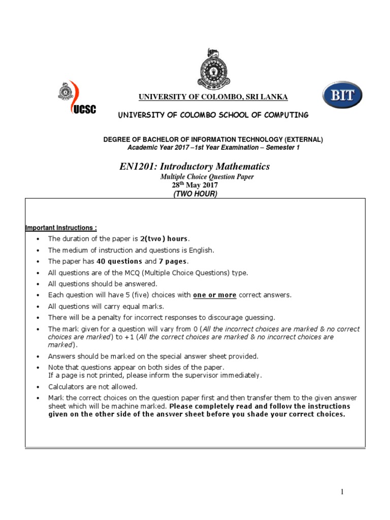 BIT Past Papers - Int. Mathematics - 2017 | PDF | Multiple Choice ...