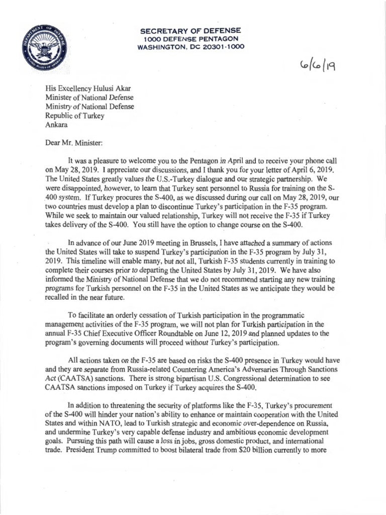 Letter To Minister Akar From Secretary of Defense | PDF | Lockheed ...