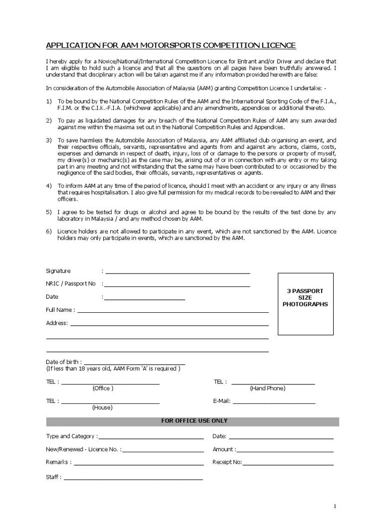AAM MOTORSPORTS LICENCE APPLICATION | PDF | Driver's License ...