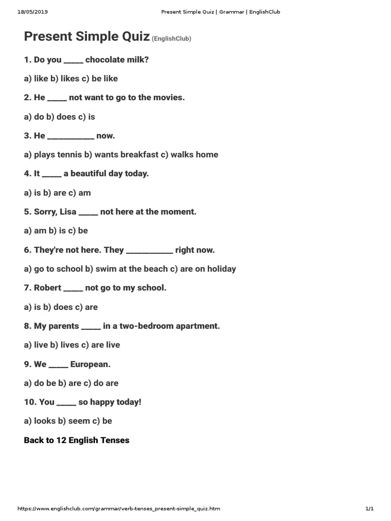 Present Simple Quiz - Grammar - EnglishClub | PDF | Grammar | Language ...