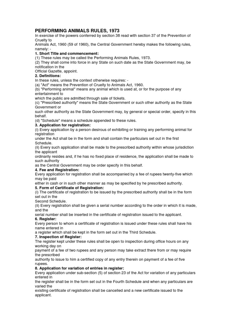Performing Animals Rules, 1973: 1. Short Title and Commencement | PDF ...