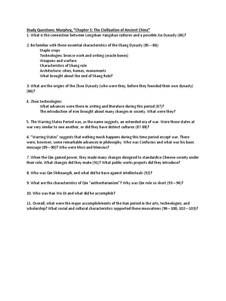 Study Questions on Ancient Chinese Civilizations | PDF | History