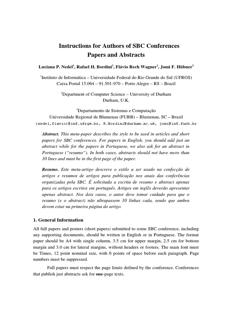 Instructions For Authors of SBC Conferences Papers and Abstracts | PDF | Paragraph | Typefaces