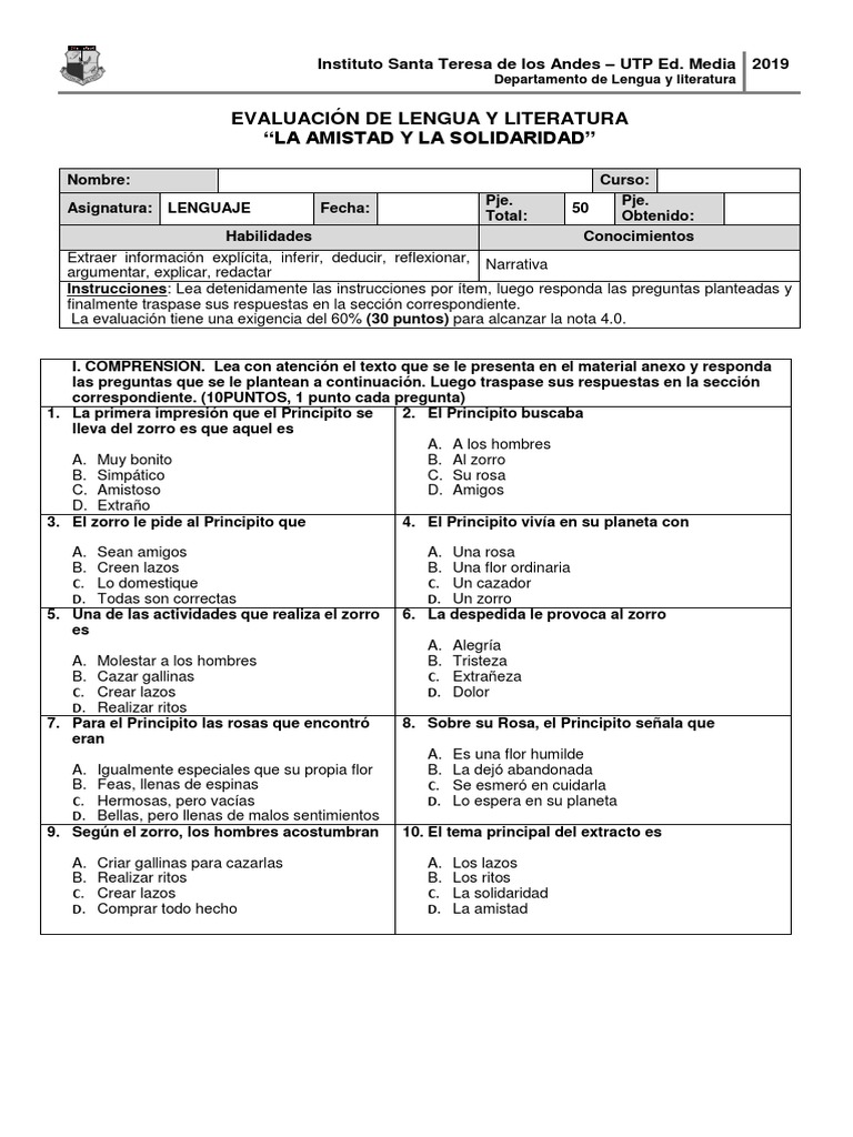 Examen sobre la Amistad y Solidaridad | PDF | El Principito | Verdad