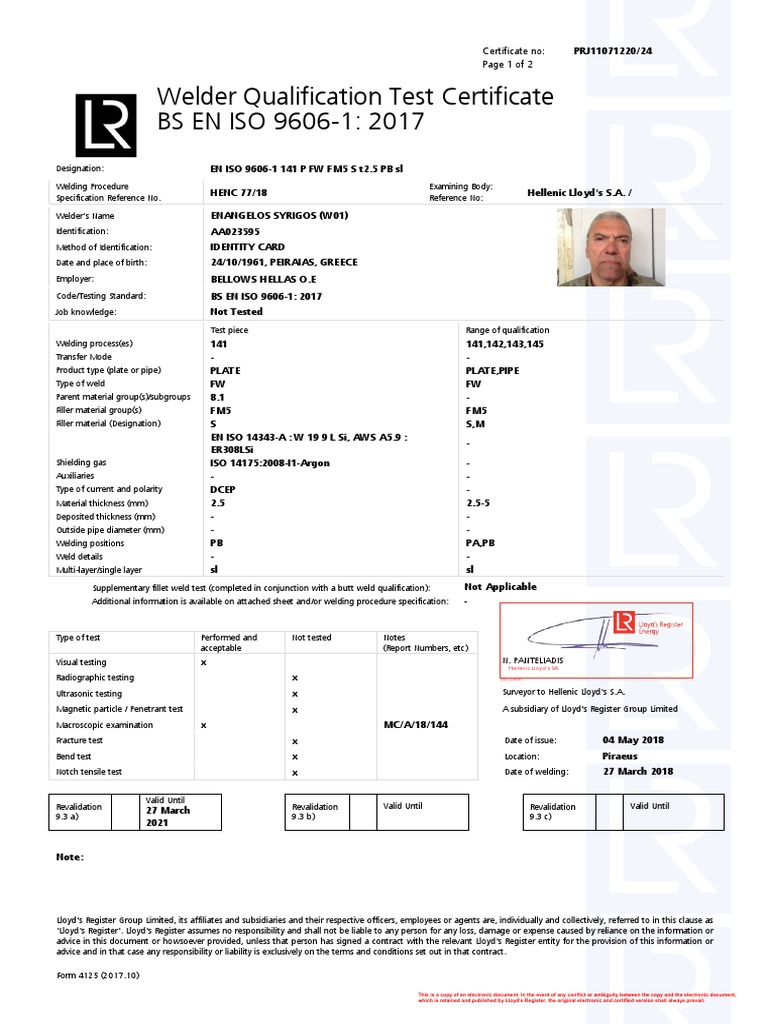 Welder Qualification Certificate for Enangelos Syrigos Detailing ...