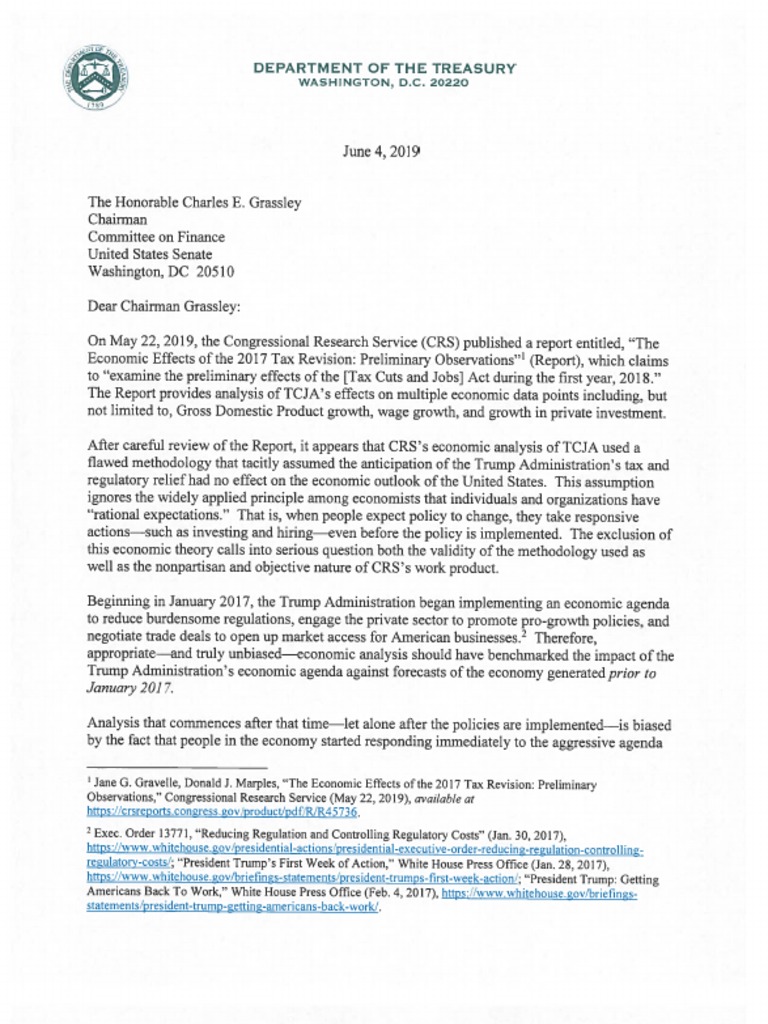 Treasury Dept Letter To Grassley | PDF