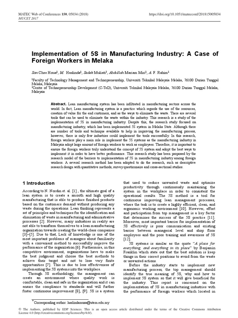 Implementation of 5S in Manufacturing Industry A C | Download Free PDF ...
