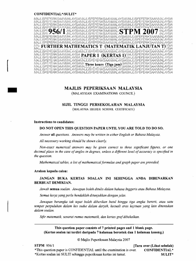 956/1 STPM 2007: Further Mathematics T (Matematik Lanjutan T) Paper 1 ...