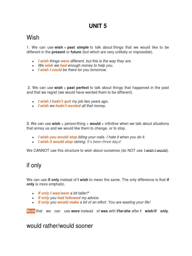 Wish, If Only, and Would Rather Explained | PDF | Grammar | Syntax