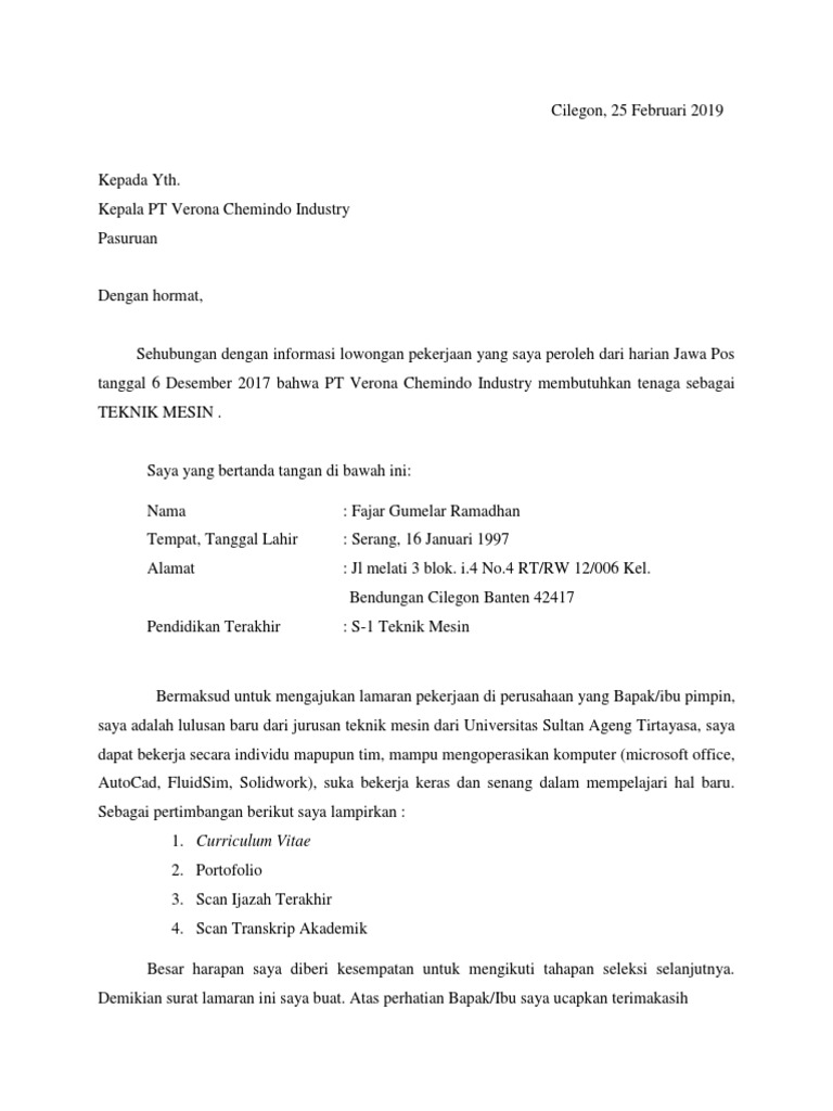 Lamaran Kerja Teknik Mesin Fajar | PDF
