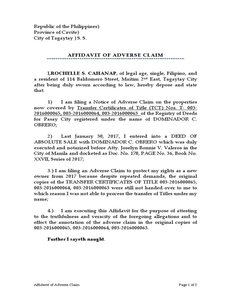 Affidavit of Adverse Claim in Tagaytay | PDF | Social Science | Law