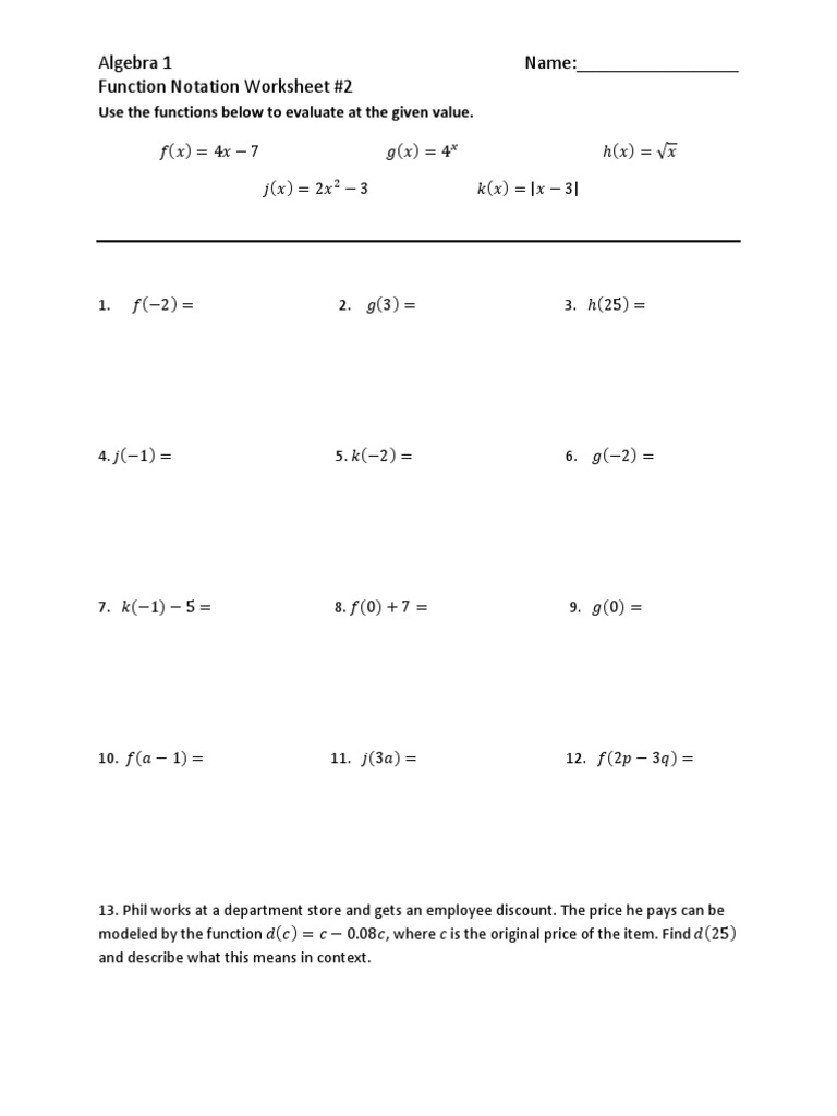 Algebra 1 Function Notation Worksheet | PDF | Teaching Mathematics ...