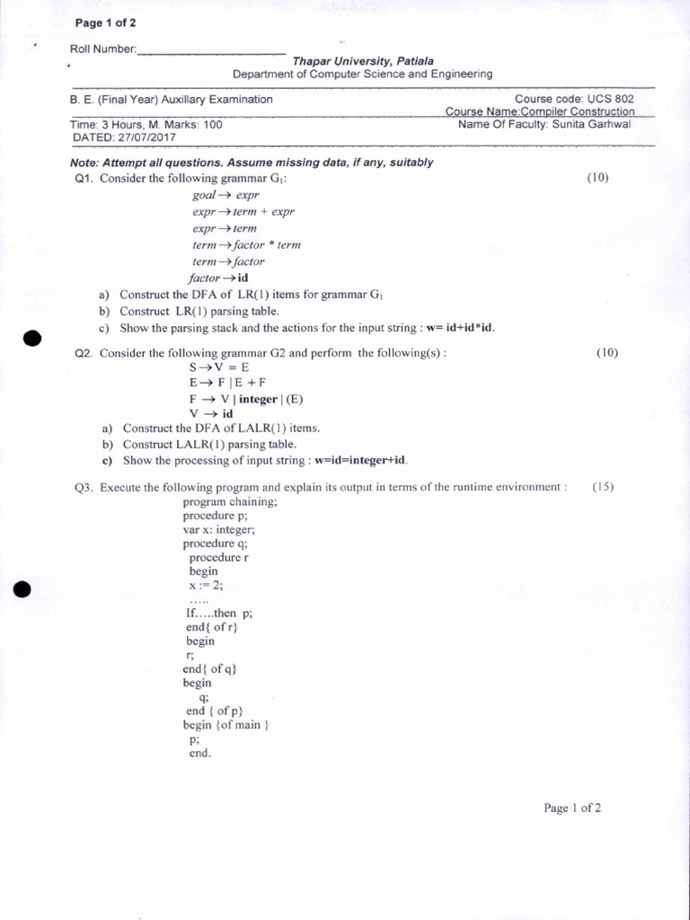 B. E. (Final Year) Auxiliary Examination Compiler Construction | PDF | Parsing | Syntax (Logic)