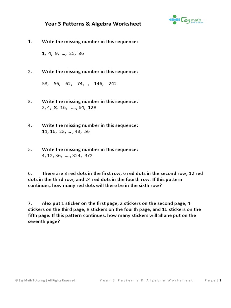 Year 3 Patterns and Algebra Worksheet | PDF