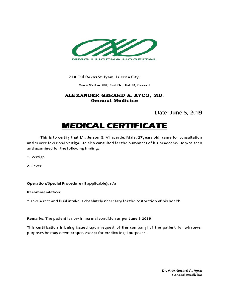 Medical Certificate | PDF