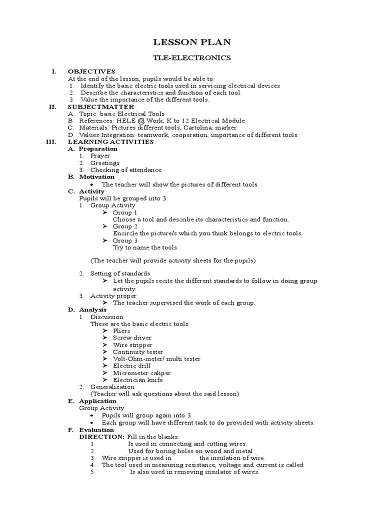 Lesson Plan: Tle-Electronics | PDF | Tools | Manufactured Goods