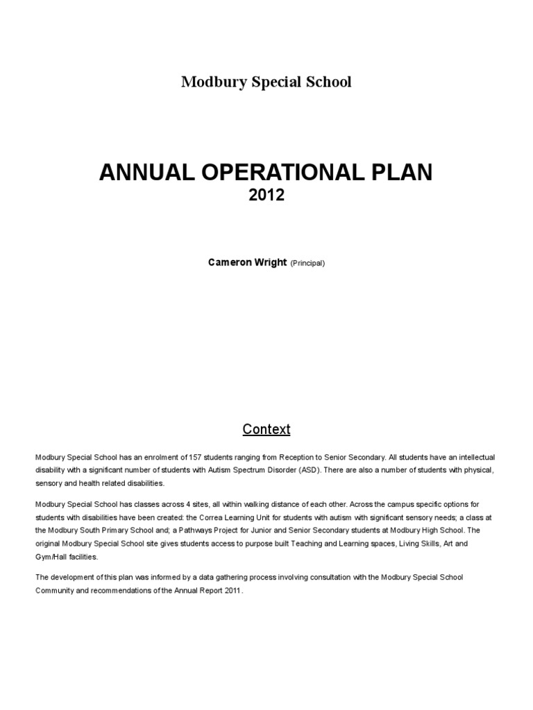 Annual Operational Plan: Modbury Special School | PDF | Special ...